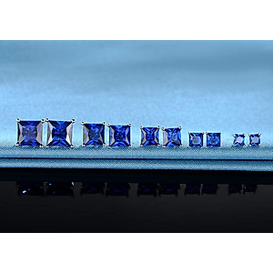 18K White Gold Plated Princess Cut Created Blue-sapphire Spinel Stud Earrings Sets For Women Pack of 5