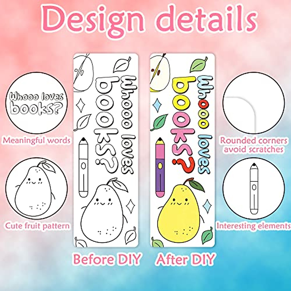 Anseal 60 PCS Color Your Own Bookmarks Bulk, 12 Styles DIY Bookmarks for Kids/Teens, Cute Fruit Bookmarks for Reading Lover, Fun & Personalized Bookmark for Students, Classroom Rewards Supplies