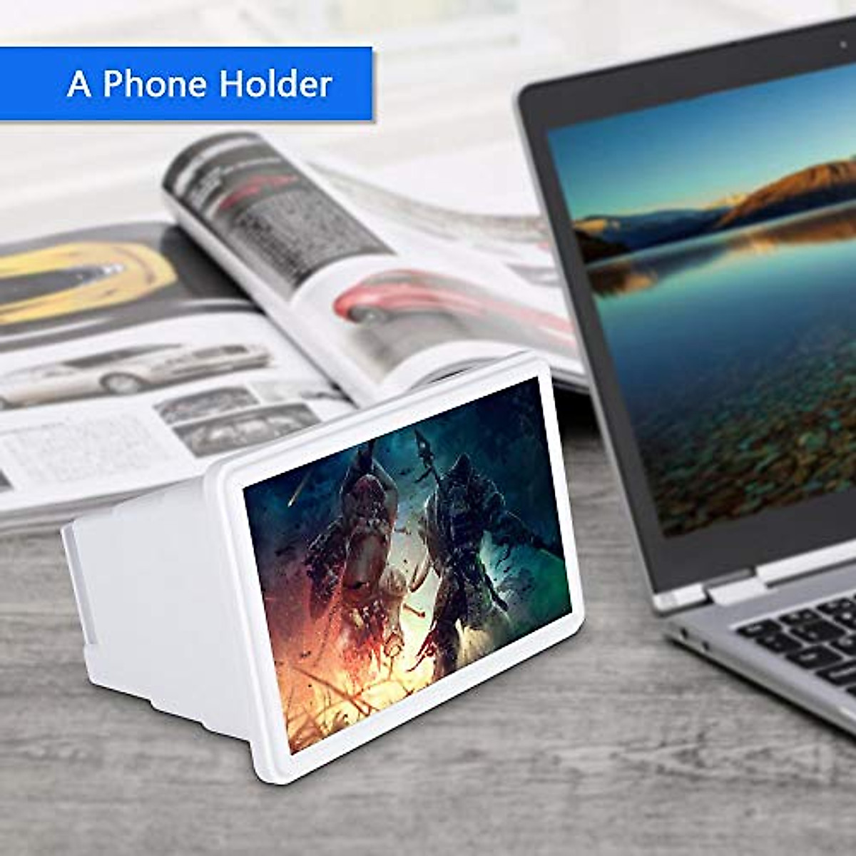 Lazmin112 Mobile Phone Screen Magnifier, 12 inches 3 Times Zooming Phone Screen Magnifier Holder Optical Magnification Cellphone Magnifier for Movies, Videos(White)