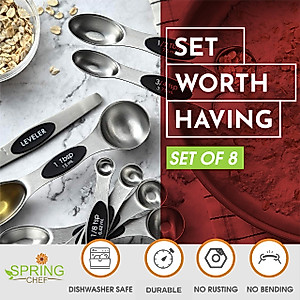 Spring Chef Magnetic Measuring Spoons Set, Dual Sided, Stainless Steel, Fits in Spice Jars, Black, Set of 8
