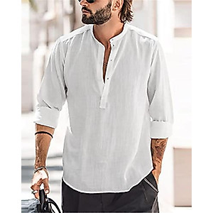 Hakjay Cotton Linen Shirts for Men Casual Shirts Long Sleeve Henley Beach Shirts Hawaiian T Shirts for Men White Large
