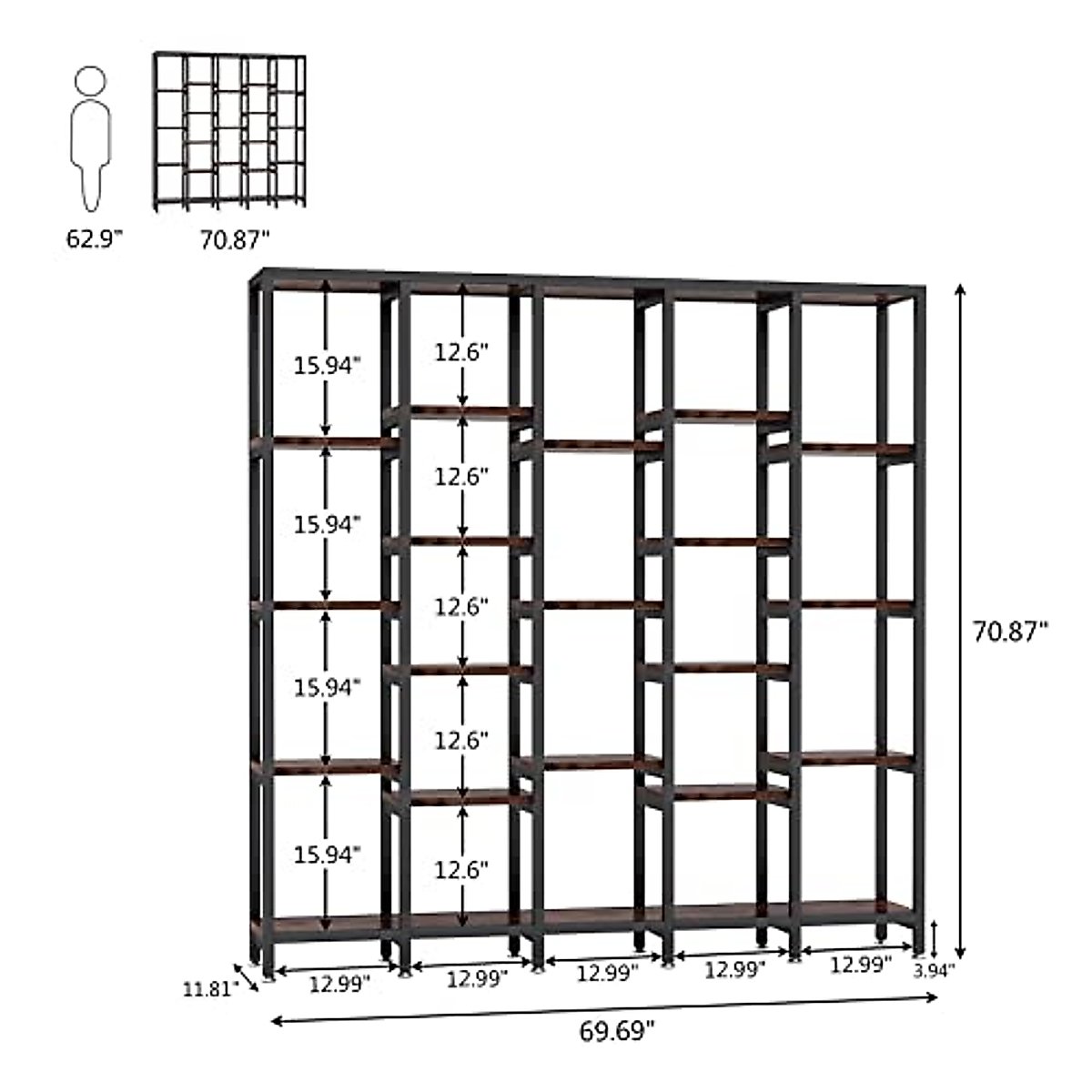 Tribesigns Wide 9-Tier Bookshelf, 71” H x 70” W Extra Large Bookcase with 22 Open Shelves, Tall Bookshelf Open Display Shelves with Metal Frame for Living Room, Home Office, Rustic Brown