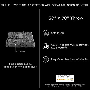 Vera Wang Throw Blanket Ultra Soft Chenille Home Décor, All Season Designer Bedding, 50 x 70, Large Cable Knit Black