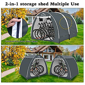 Gromay Outdoor Bike Storage Shed Tent, 10x7.3FT Large 2 in 1 Bicycle Cover Double Doors Portable Motorcycle Tent PU4000 Waterproof 3 Layers Silver Coated Oxford Cover Foldable Garden Tools Shelter