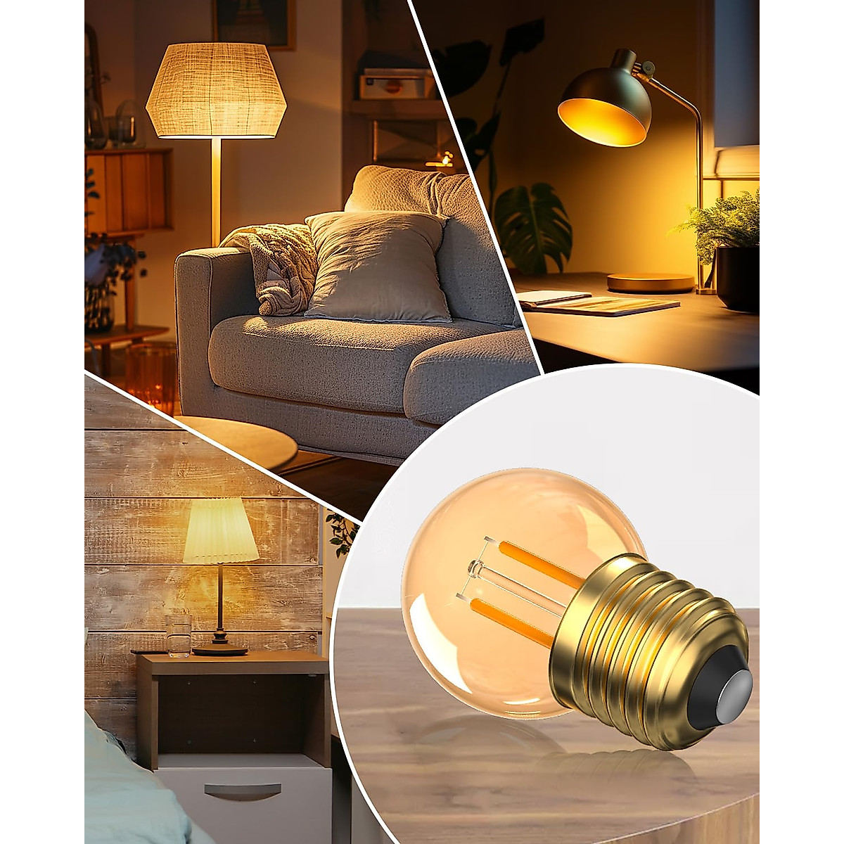 TobeBright 1.5Watt Low Watt LED Light Bulbs Equivalent to 10 Watt Night Light Bulbs,E26 Standard Base G40 Small Globe Light Bulbs,2200K Soft Warm Light Bulb for Bedroom,Amber Glass,Non-Dimmable,2-Pack