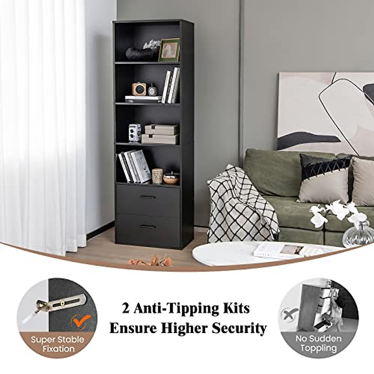 SILKYDRY 74” Tall Bookshelf with 2 Drawers, 4 Tiers Open Storage Shelves, Freestanding Bookcase with Anti-Tip Devices, Wooden Book Organizer Cabinet for Bedroom, Living Room, Home Office (Black)