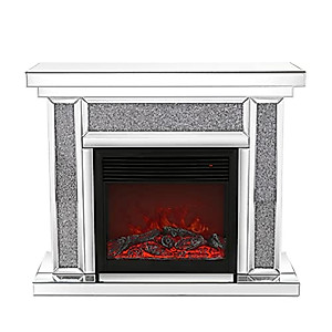 DEINPPA Mirrored Electric Fireplace with Remote Control and Faux Diamonds, Freestanding Mantel Heater Firebox with 3D Flames for Living Room, 1500W Electric Heating Furnace