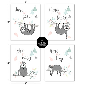 Sweet Jojo Designs Pink Grey Jungle Sloth Leaf Wall Art Prints Room Decor for Baby Nursery Kids - Set of 4 - Hang In There, Take it Easy, Blush Turquoise Gray Green Tropical Botanical Rainforest