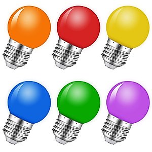 MZyoyo Colored Light Bulbs,1W LED G45 E26/E27 Light Bulb,Red Green Blue Orange Yellow Purple Mixed Colours,for Halloween Bedroom Holiday Party Decoration String Light Bulbs Replacement,6 Pack