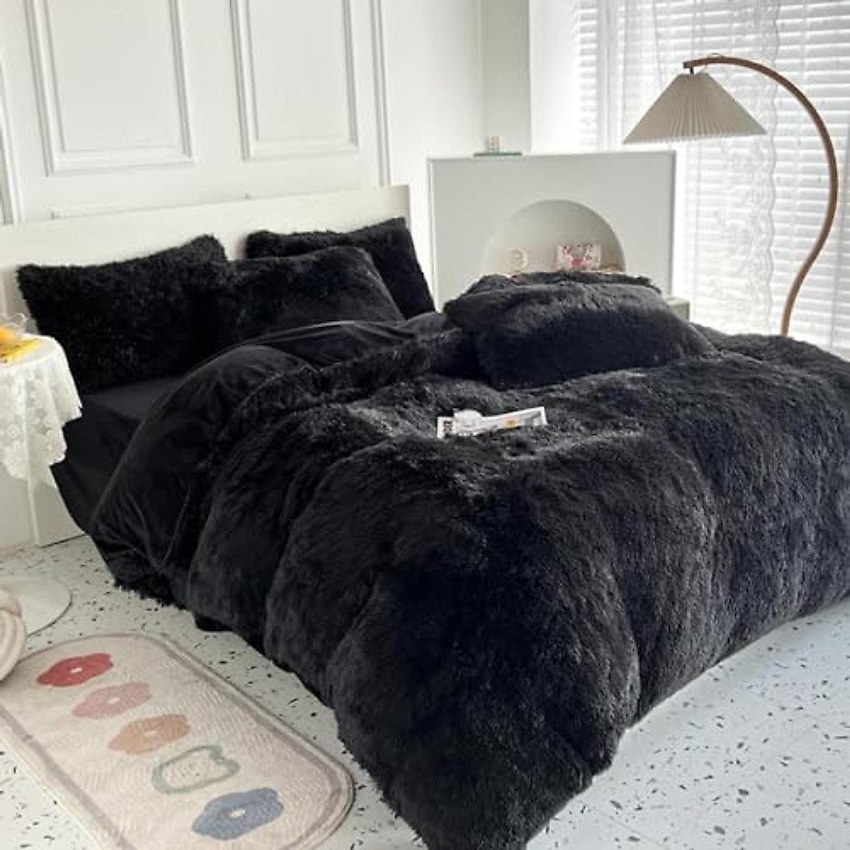 MR.FEATHER Duvet Cover Queen Size, Thickening Winter Fluffy Luxury Plush Shaggy Duvet Cover Sets Velvet Bedding Comforter Bed Sets 3 Pieces (Black, Twin)