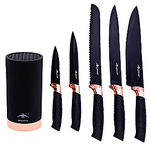 5-Piece Kitchen Knife Set with Block - Rust-Proof Stainless Steel Kitchen Knives with Black, Modern Design - Includes Chefs Knife, Carving Knife, Bread Knife, Utility Knife, Paring Knife, Knife Block