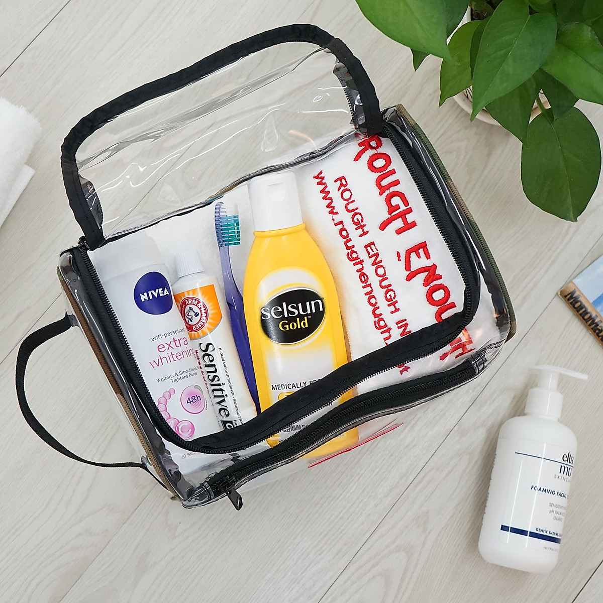 Rough Enough Clear Makeup Toiletry Bag Cosmetic Organizer Large Medicine Pouch with Zipper for Women Travel Accessories Essentials Pouch Toiletries Airport