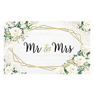 Allenjoy White Floral Mr & Mrs Engagement Decorations Backdrop for Couples Wedding Bride and Groom Engaged Ceremony Anniversary Bridal Shower Supplies Photo Booth Props Background