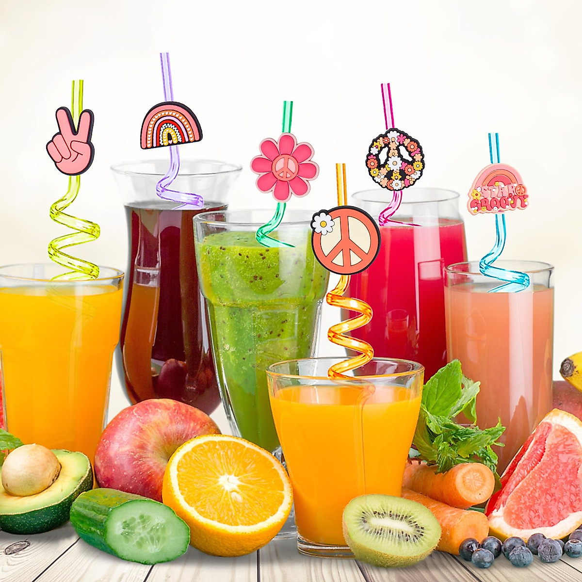 24 Pcs Hippie Boho Party Straws Two Groovy Reusable Plastic Drinking Straws with Cleaning Brush Peace Love 60's Rainbow Flower Birthday Supplies