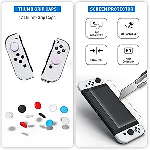 FUNDIARY Glitter Dockable Cover Case Compatible with Nintendo Switch OLED, Protective Shell for Switch OLED and Comfort Grip for Joy Con with Screen and 12 Thumb Caps - Glitter TPU Joy Con Case