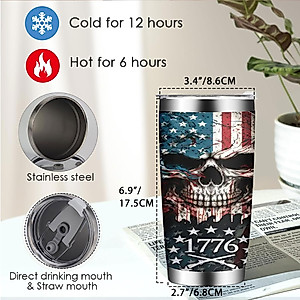FOCIUZTA 20oz Stainless Steel Tumbler with Lid & Straw, Patriotic Skull Graphic, Vacuum Insulated Travel Mug, Double-Walled Beverage Cup for Coffee, Ice Drinks, Juice, Thermal Cup Gift for Family