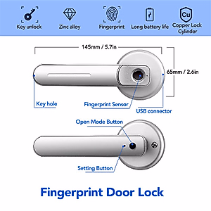 Yszbiay Fingerprint Door Lock Bedroom Door Lock Biometric Door Lock Keyless Electronic Door Knob with 30 Fingerprints Smart Lock for Home Storage Bedroom Office and Other Private Spaces（Silver）