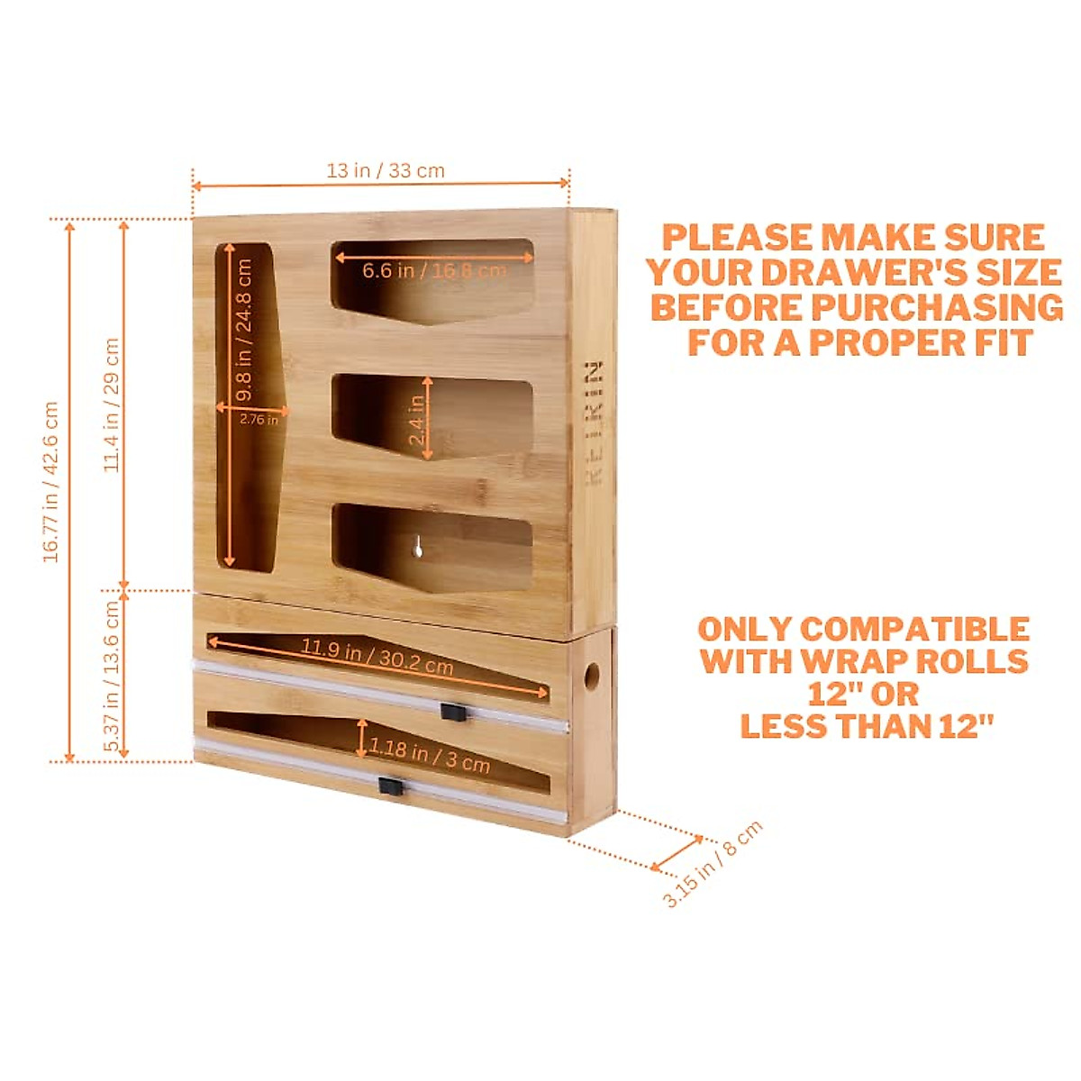 Ziplock Bag Organizer and Foil Wrap Dispenser - 6-in-1 Kitchen Drawer Organizer with Sticker Labels – Foil and Baggie Organizer for 12in Rolls, Gallon, Quart, Snack and Sandwich Bags