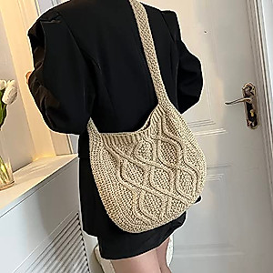 Women's Crochet Tote Bag Knitted Shoulder Crossbody Handbags Aesthetic Shopping Bag Cute Purses Crocheted Hobo Bag(White)