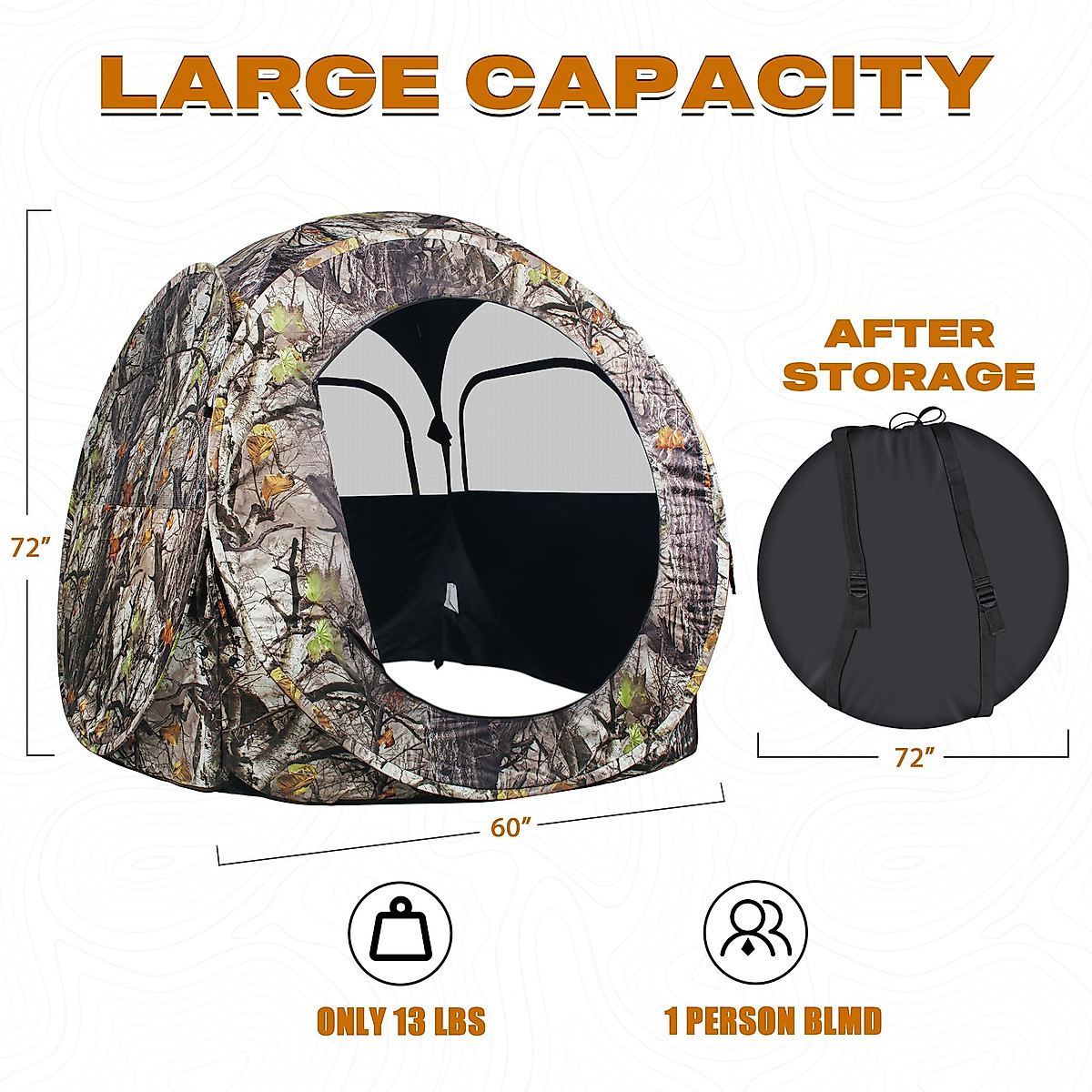 Hunting Blind 1 Person, 270 Degree See Through Pop up Ground Blinds for Deer Turkey Duck Hunting, Bow Hunting Accessories, Double Side Zipper Window(Camouflage-White)