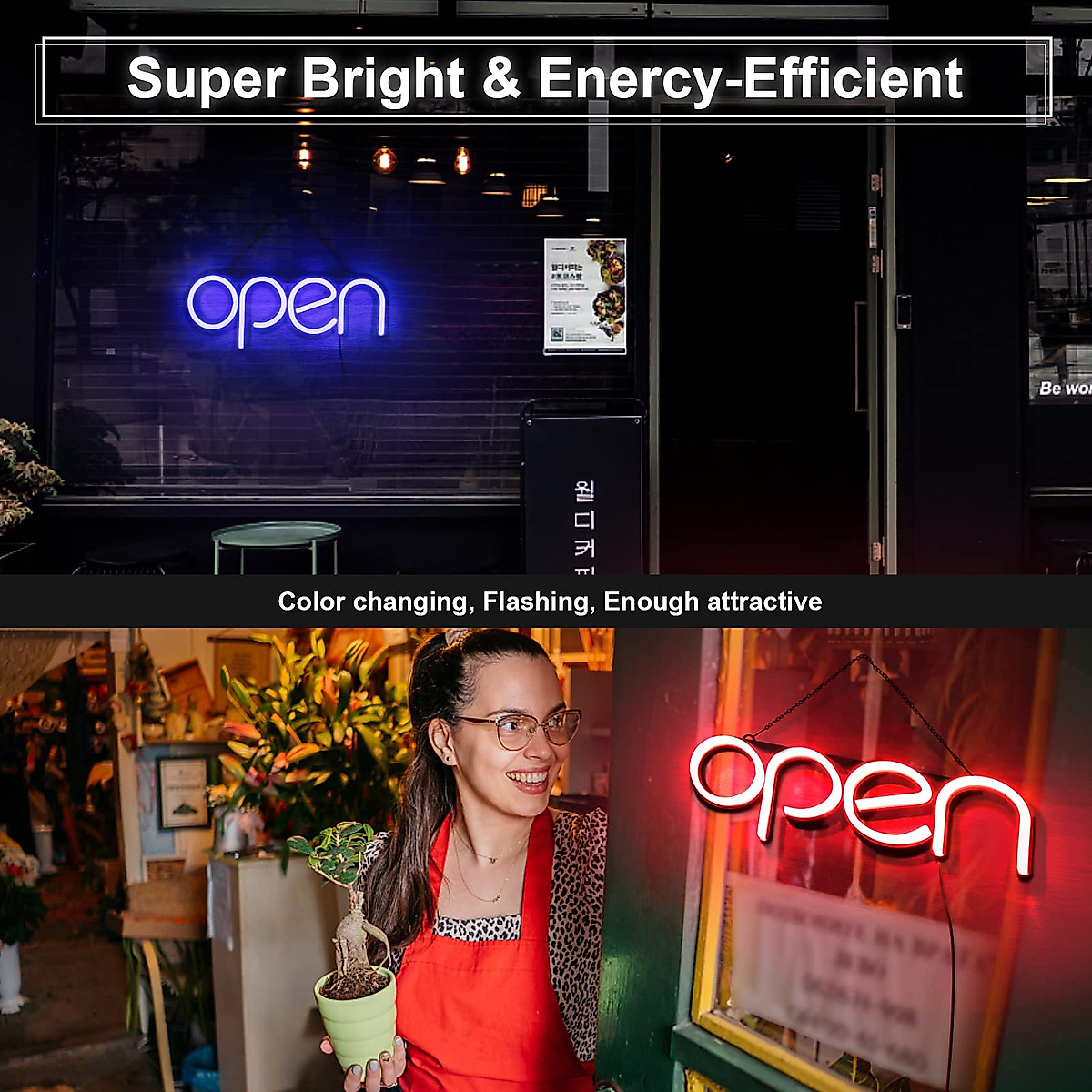 TZEXTZE Open LED Signs for Business,RGB Color Changing Neon Open Sign, 16x6 inches Open Window Sign with Remote Control & 12V Power Adapter for Storefront/Business Window
