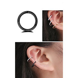 NewZenro 8Pcs Surgical Stainless Steel 16G Sleeper Cartilage Tiny Hoop Earrings Septum Hinged Clicker Nose Ring Helix Tragus Piercings 8mm 10mm Set Gold Black (black)