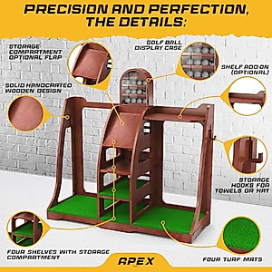 Apex Sports Golf Bag Organizer - Handcrafted Wood Design, Bag Stand, Ball Display, Storage Shelves, Garage Rack (Cherry)