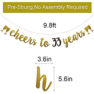 Cheers to 33 Years Banner，Pre-strung，33rd Birthday Party Decorations Supplies，Gold Glitter Paper Garlands Backdrops, Letters Gold Betteryanzi