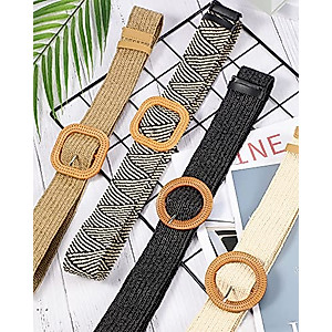 4 Pack Straw Woven Belt Elastic Stretch Rattan Waist Belt Women Skinny Raffia Dress Belt Wooden Buckle Waist Dress Band (Retro Color, Medium)