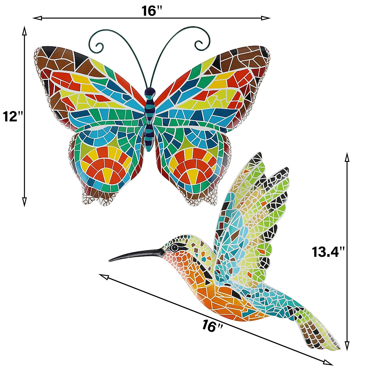 Adroiteet 16 Inch Large Wall Decor, Set of 2 Butterfly Hummingbird Metal Wall Art, Bird Wall Sculpture Hanging Decorations, Perfect for Garden Yard Fence Home Kitchen Bedroom Outdoor Indoor