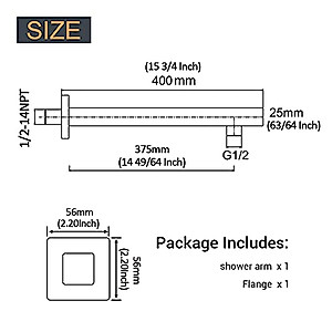AZOS 16 Inch Shower Arm with Flange, Rain Shower Head Extension Extender, Chrome Universal Showering Components Shower Arm Stainless Steel Bathroom Rainfall Showerhead