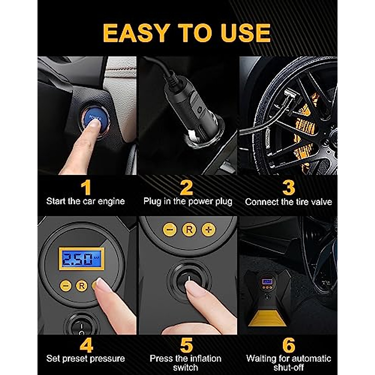 Atsanc Tire Inflator, 12V DC Portable Air Compressor with Auto-Shutoff Design, Fast-Inflating Electric Air Pump for Car Tires, Auto Digital Car Tire Pump 150PSI Max with LED Light for Various Purposes