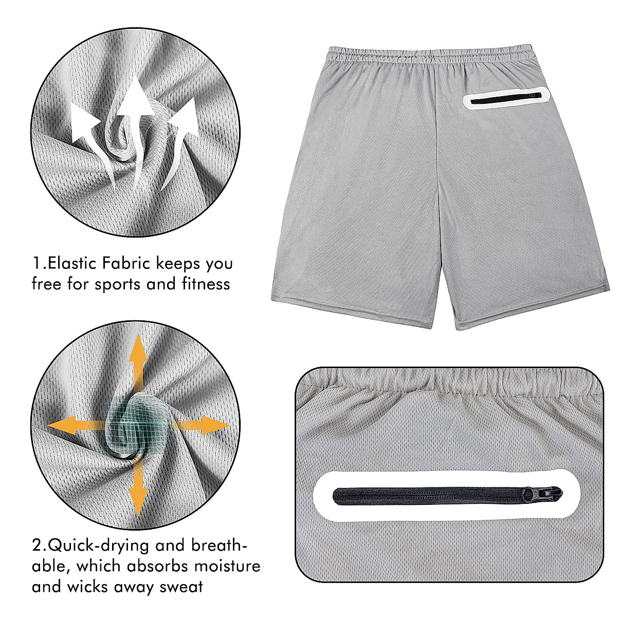 Mens Athletic Shorts, 2-in-1 Gym Workout Shorts for Men Mesh Quick Dry Yoga Training Running Shorts with Pockets,Grey,L