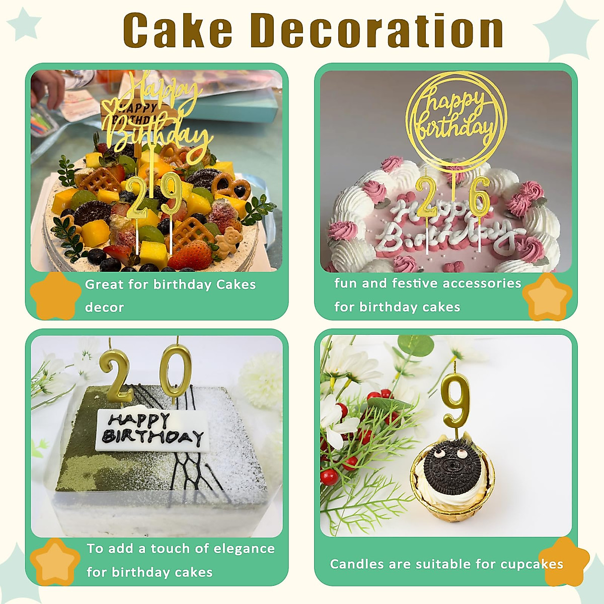 Chanseen 13Pcs Gold Birthday Cake Candles Topper Crown Set - Gold Number Candles 0 1 2 3 4 5 6 7 8 9, 2Pcs Gold Birthday Cake Toppers and Gold Birthday Paper Crown Hat for Decoration Party Celebration