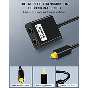 ZEXMTE 【Upgraded】 Optical Fiber Splitter 1 in 2 Out Optical Audio Splitter, Fiber Optical Splitter with 24K Gold Plated Connectors for CD Player, DVD Player, Receiver-Black