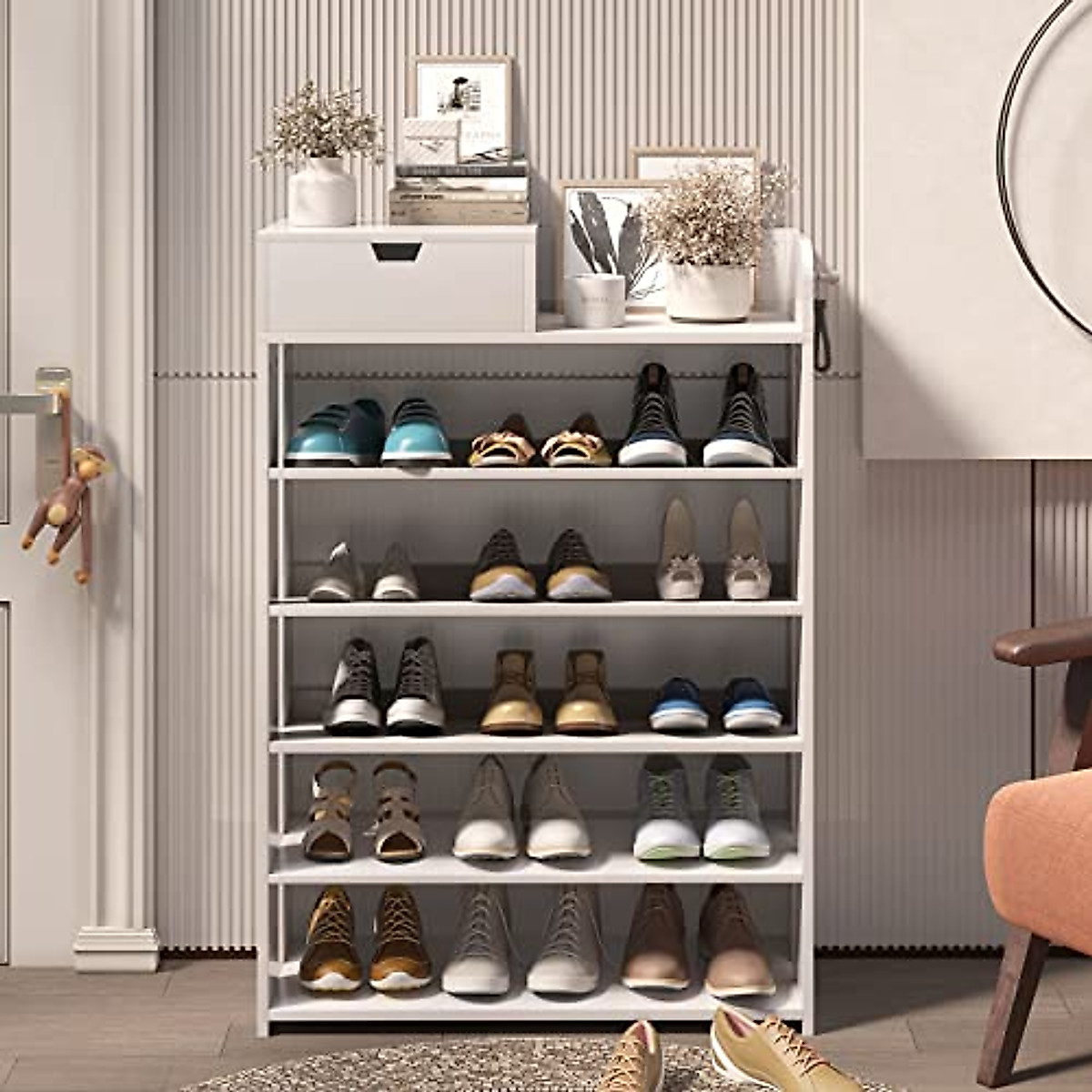 BURENMTO 5-Tier Wooden Storage Organizer, 29.5" Wide Vertical Shoe Rack for Closet Large Entryway Shoe Rack 15 Pairs Corner Tall Organizer Shoe Shelf with Drawer