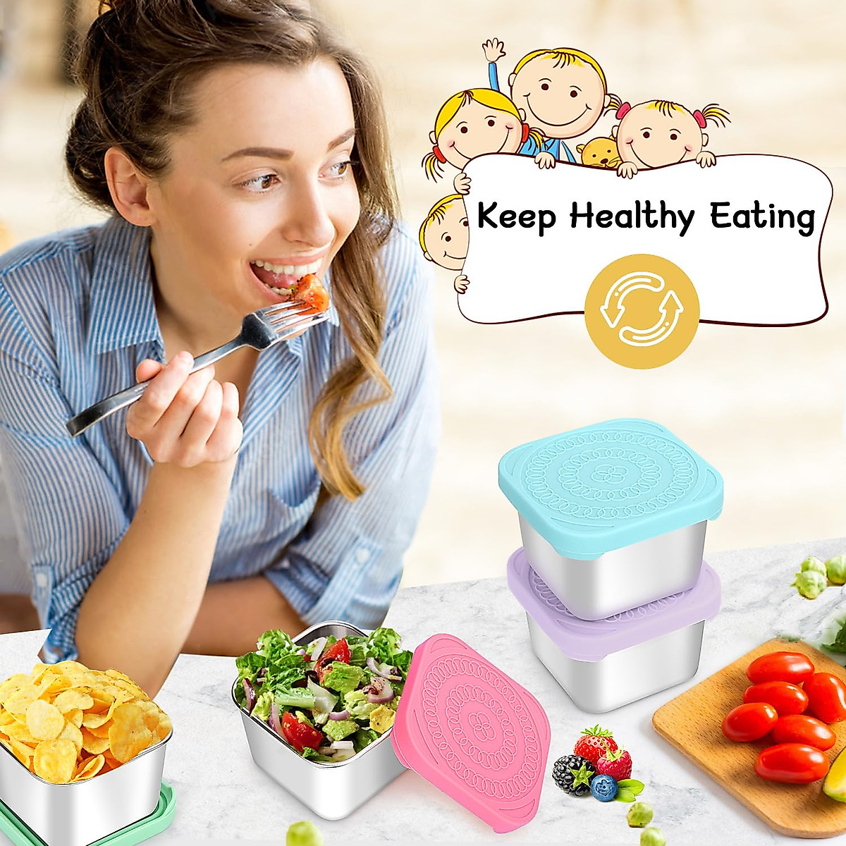 6PACK 6OZ Stainless Steel Snack Containers, Leak Proof 304 Stainless Steel Sauce Food Lunch Box Storage Containers with Silicone Lids Stackable Reusable Small Metal Lunch Bento Boxes Set, Easy Open