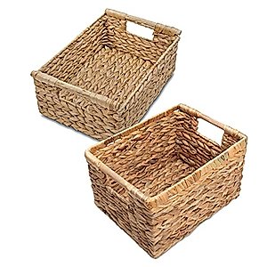 Natural Water Hyacinth Storage Basket with Handle, Rectangular Wicker Basket for Organizing, Decorative Wicker Storage Basket for Living Room, Medium Wicker Basket