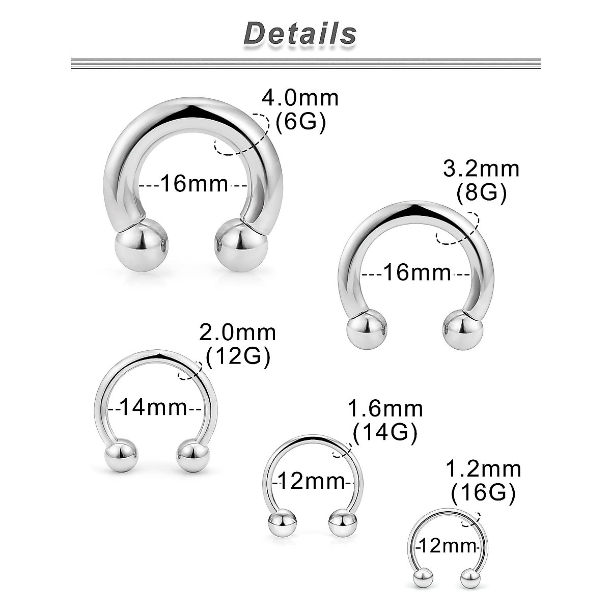 Ocptiy 6G 8G 12G 14G 16G Ear Earrings Gauges Septum Plugs Tunnels Stretching Kit Surgical Stainless Steel Horseshoe Eyebrow Lip Belly Nipple Ring Cartilage Helix Tragus Earrings Piercing Kit
