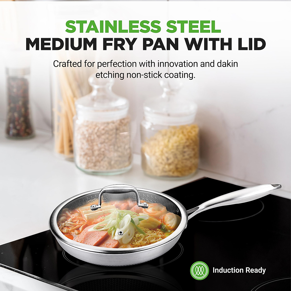 NutriChef 10" Stainless Steel Frying Pan - Triply Kitchenware Stir Fry Pan Kitchen Cookware w/DAKIN Etching Non-Stick Coating, Scratch-resistant Raised-up Honeycomb Fire Textured Pattern NC3PL10