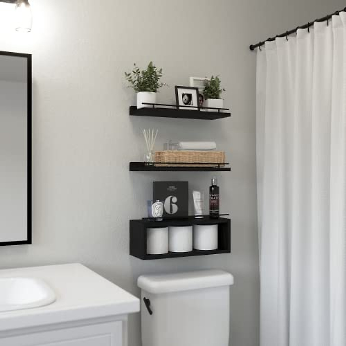 WOPITUES Floating Shelves with Extra Cube Shelf, Shelves for Wall Decor with Gold Metal Rail, Wall Shelves for Bedroom, Bathroom, Kitchen, Living Room, Plants, Pictures, Toilet Paper- Modern Black