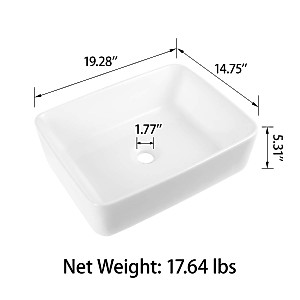 Sinber 19" x 15" x 5.31" White Rectangular Ceramic Countertop Bathroom Vanity Vessel Sink BVS1915A-OL