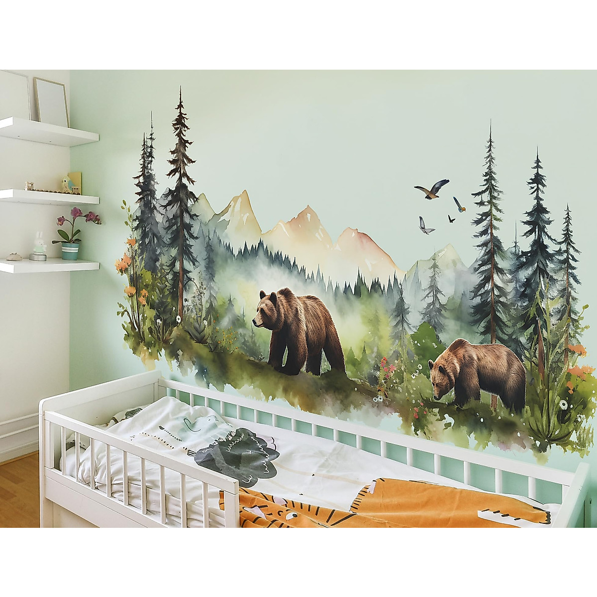 RAINBOW WSK Large Jungle Animals Wall Decals Forest Tree Wall Decal Peel and Stick Woodland Bear Fox Deer Wall Stickers Giant Mountain Wall Art for Bedroom Nursery Room FX-C432
