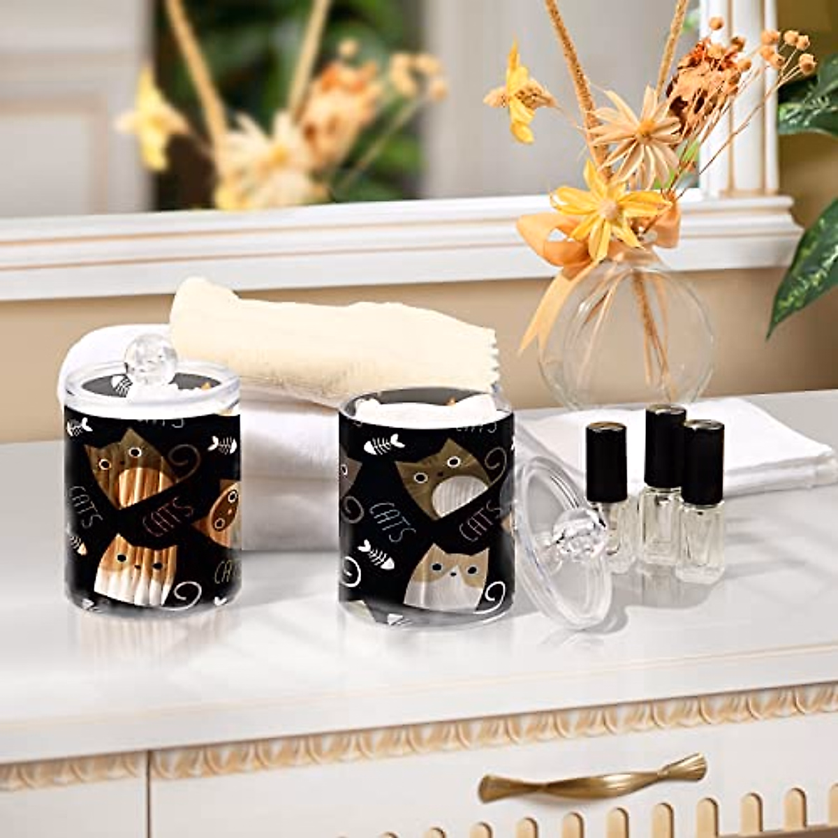 xigua Black Cat Qtip Holder 2 Pack, 14 oz Apothecary Jars Bathroom Vanity Organizer Canister for Qtips,Cotton Swabs,Cotton Balls,Cosmetic Pads,Flossers,Bath Salts