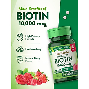Biotin 10000mcg | 120 Fast Dissolve Tablets | Maximum Strength | Hair Skin and Nails Supplement | Natural Berry Flavor | Vegetarian, Non-GMO, Gluten Free | by Nature's Truth