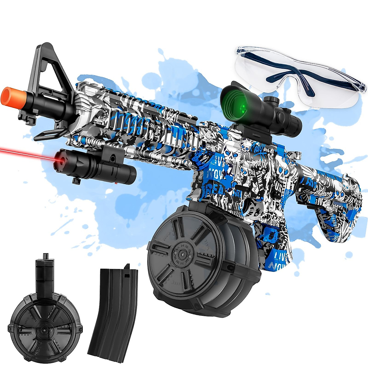 Electric Gel Ball Blaster Gun with Drum and Scope,Manual & Automatic Dual Mode, 40000 Water Beads, for Outdoor Activities - Shooting Team Game, Ages 12+ , Blue Devil