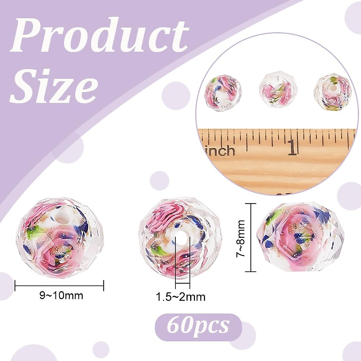 PH PandaHall 60pcs 9~10mm Rose Lampwork Beads Gold Sand Glass Beads Handmade Flower Glass Beads Round Loose Beads for Rosary Making Jewelry Craft Making with 1.5~2mm Hole - White