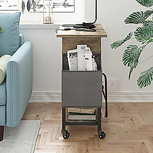 Fameill Narrow End Table with Charging Station Flip Top Bedside Tables for Small Spaces Living Room Bedroom Mobile Sofa Side Table with Storage Shelf for Living Room Bedroom,Greige