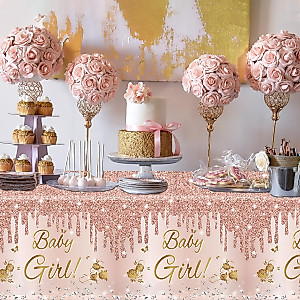 Juweked 3Pcs Pink and Gold Baby Shower Tablecloth for Girl Baby Shower Table Cloths Rectangle Girl Baby Shower Table Cloth Baby Shower Plastic Table Cover Gender Reveal Decor, 70.8" x 42.5"