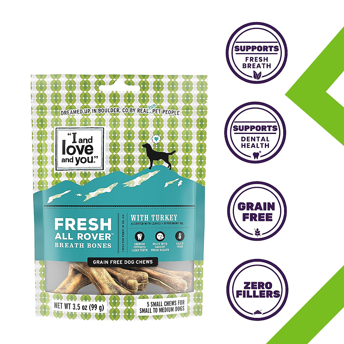 I and love and you Fresh all Rover Breath Bones - Sweet Potato - Dental Health Support, Grain Free, Filler Free, 5pk Size Small